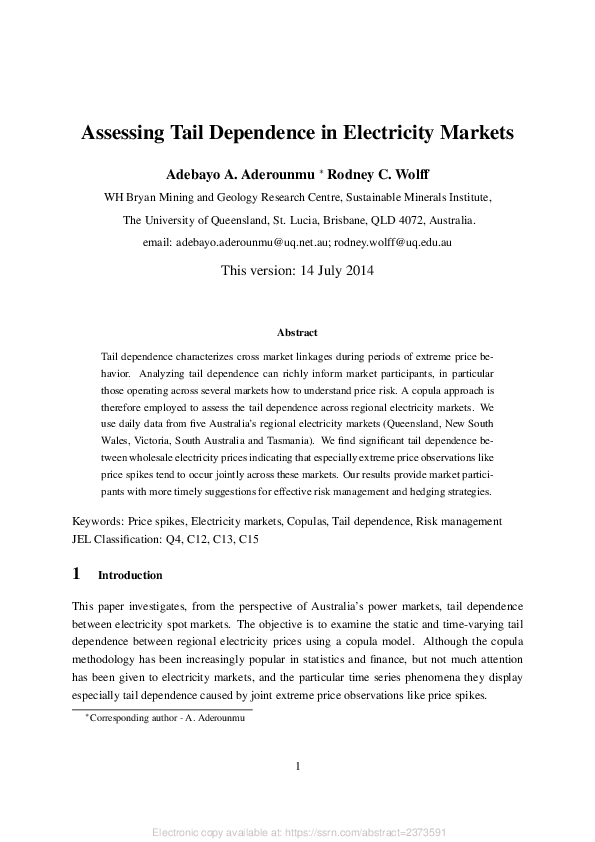 (PDF) Assessing Tail Dependence in Electricity Markets