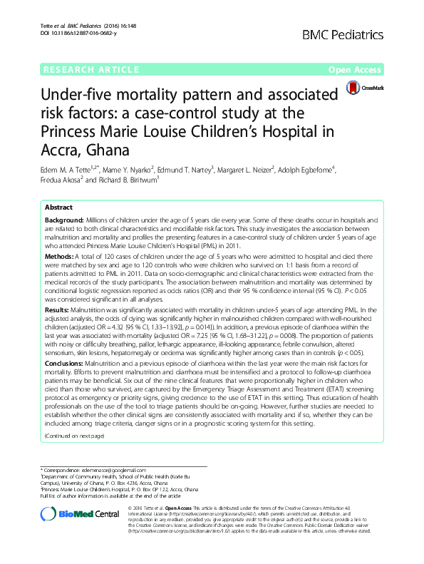 (PDF) Under-five mortality pattern and associated risk factors: a case ...