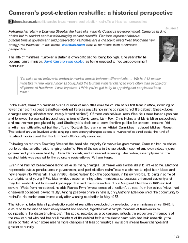 (PDF) Cameron’s post-election reshuffle: a historical perspective ...
