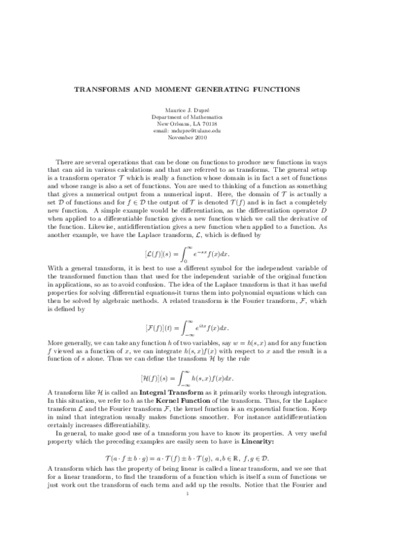 (PDF) Transforms and Moment Generating Functions (PDF) Transforms and Moment Generating Functions