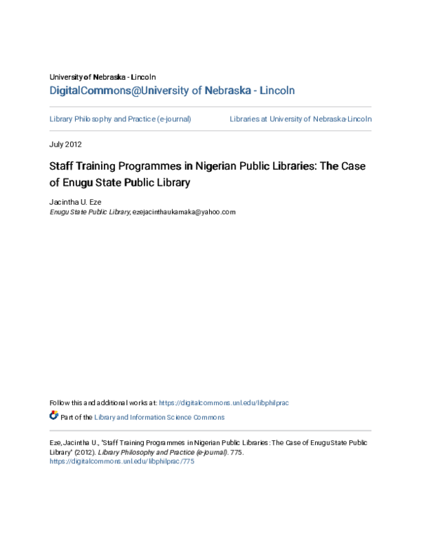 (PDF) Staff Training Programmes in Nigerian Public Libraries: The Case ...