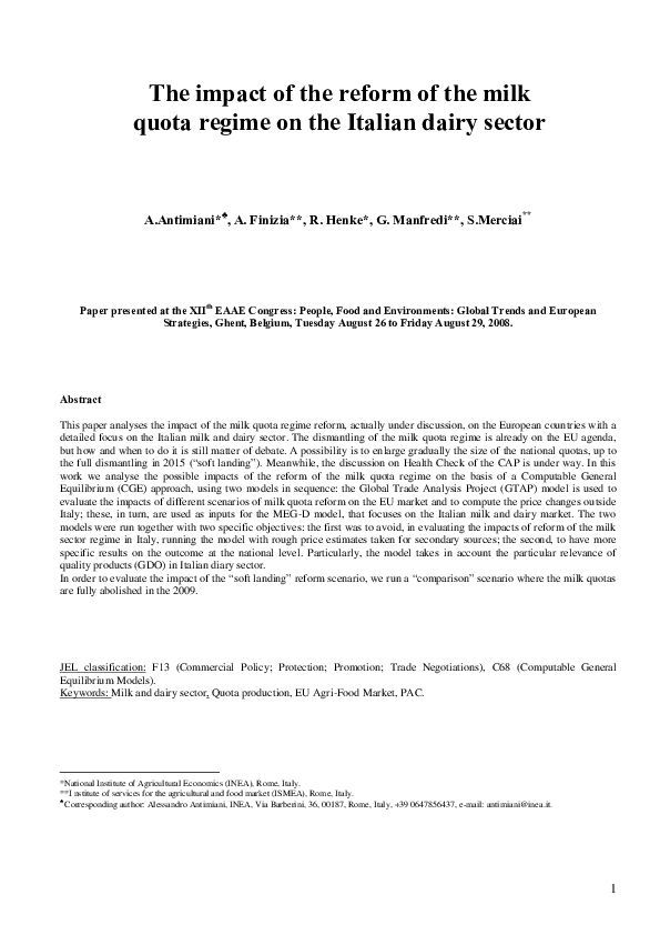 (PDF) The impact of the reform of the milk quota regime on the Italian ...
