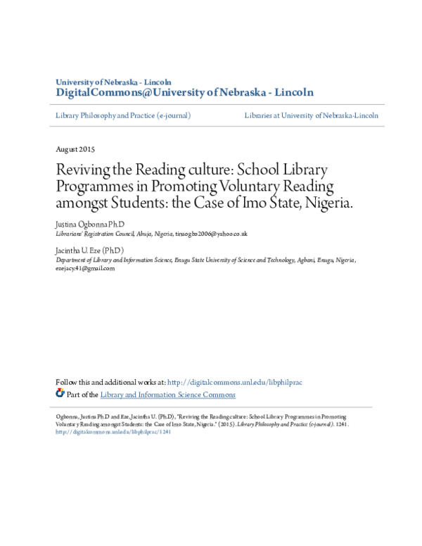(PDF) Reviving the Reading culture: School Library Programmes in ...
