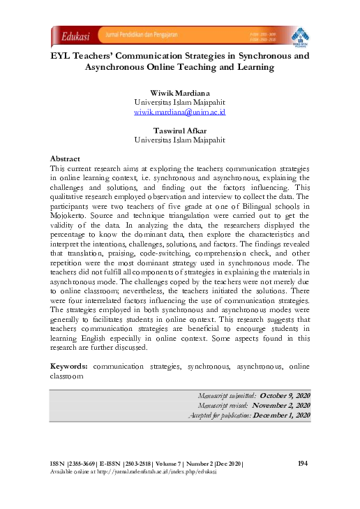 (PDF) EYL Teachers Communication Strategies in Synchronous and Asynchronous Online Teaching and ...