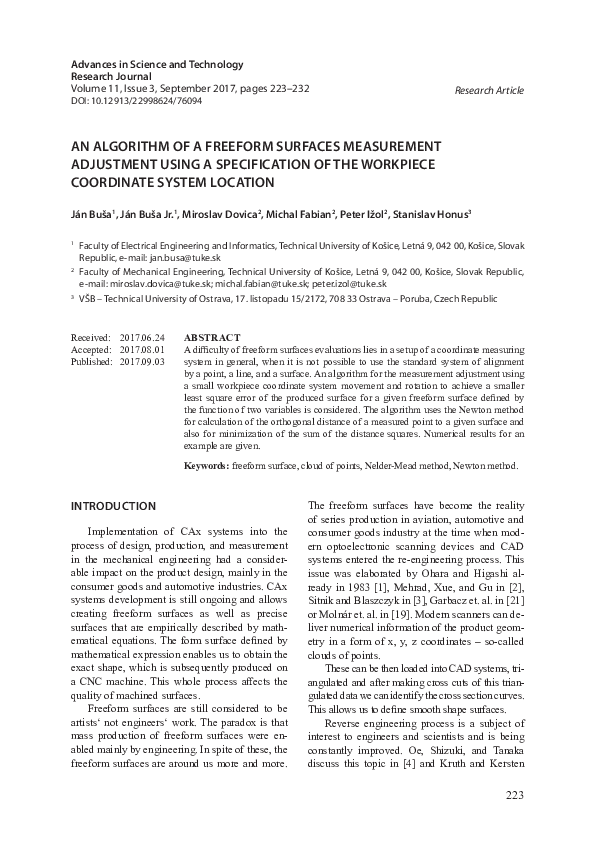(PDF) An Algorithm of a Freeform Surfaces Measurement Adjustment Using a Specification of the ...