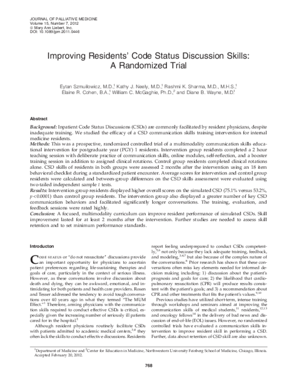 (PDF) Improving Residents' Code Status Discussion Skills: A Randomized ...