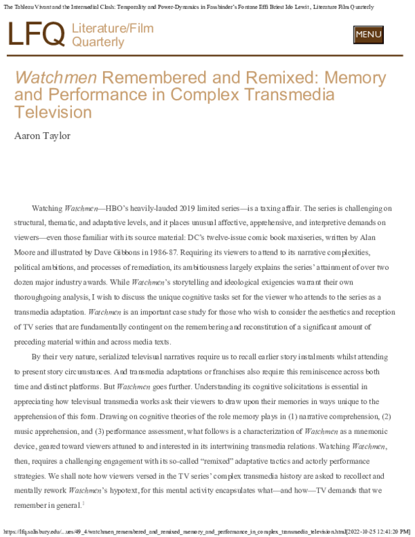 (PDF) Watchmen Remembered and Remixed: Memory and Performance in ...