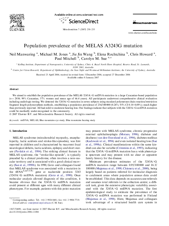 (PDF) Population prevalence of the MELAS A3243G mutation | Christopher ...