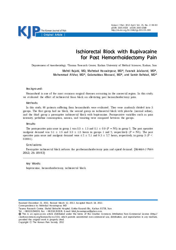 (PDF) Ischiorectal block with bupivacaine for post hemorrhoidectomy pain