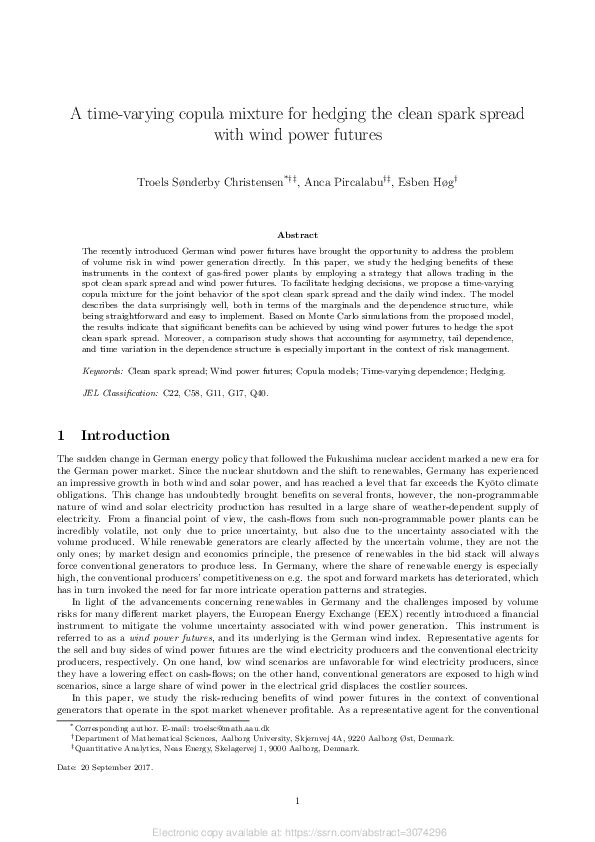 (PDF) A Time-Varying Copula Mixture for Hedging the Clean Spark Spread ...