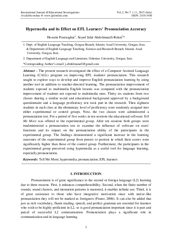 (PDF) Hypermedia and its Effect on EFL Learners’ Pronunciation Accuracy