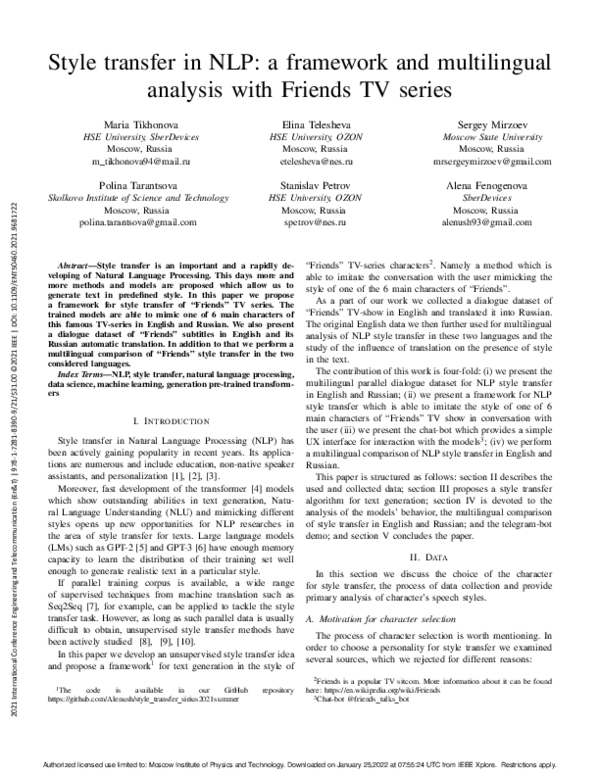 (PDF) Style transfer in NLP: a framework and multilingual analysis with ...