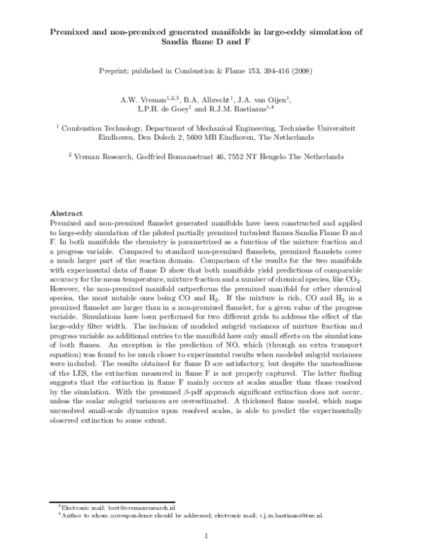Pdf Premixed And Nonpremixed Generated Manifolds In Large Eddy Simulation Of Sandia Flame D And F