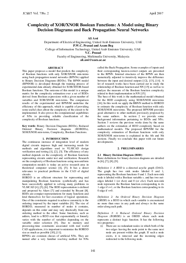(PDF) Complexity of XOR/XNOR Boolean Functions: A Model using Binary Decision Diagrams and Back ...