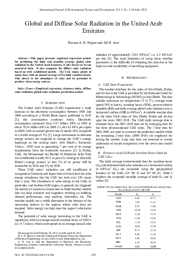 (PDF) Global and Diffuse Solar Radiation in the United Arab Emirates