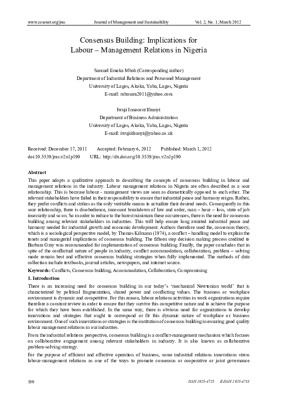 (PDF) Consensus Building: Implications for Labour – Management ...