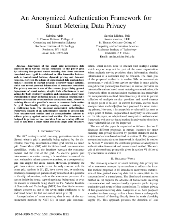 Pdf An Anonymized Authentication Framework For Smart Metering Data Privacy