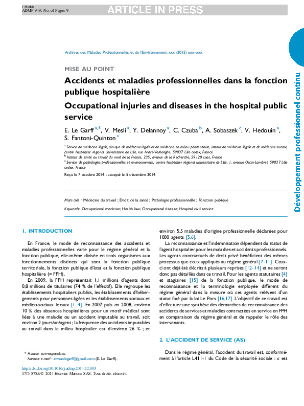(PDF) Accidents et maladies professionnelles dans la fonction publique hospitalière