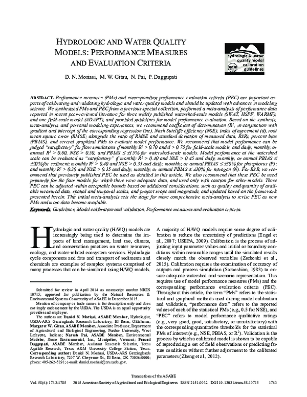 (PDF) Hydrologic and Water Quality Models: Performance Measures and Evaluation Criteria