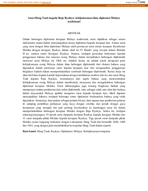 (PDF) Surat Hang Tuah Kepada Raja Ryukyu: Kebijaksanaan Ilmu Diplomasi ...