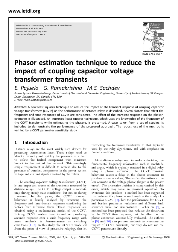 Pdf Phasor Estimation Technique To Reduce The Impact Of Coupling Capacitor Voltage Transformer