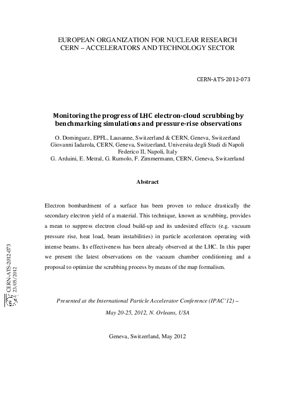 (PDF) Monitoring the progress of LHC electron-cloud scrubbing by benchmarking simulations and ...