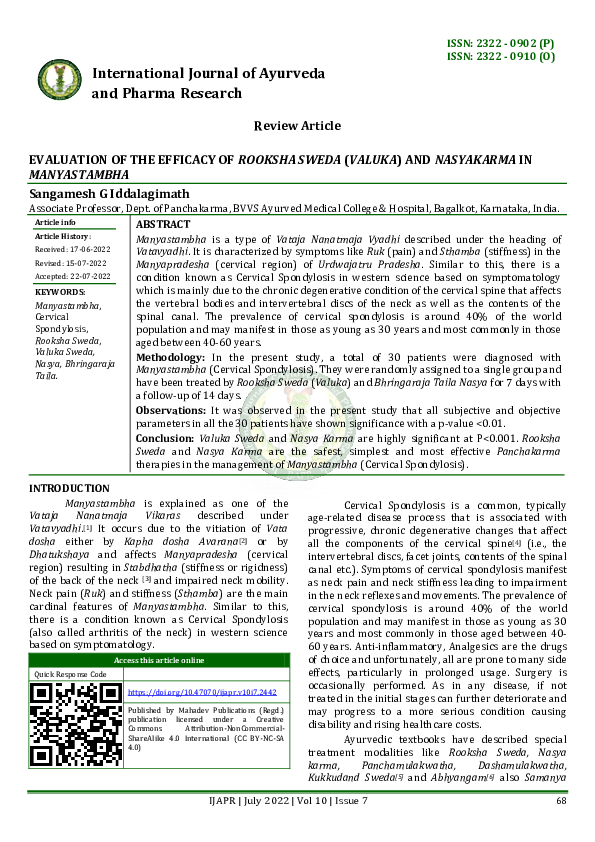 (PDF) Evaluation of the Efficacy of Rooksha Sweda (Valuka) and ...