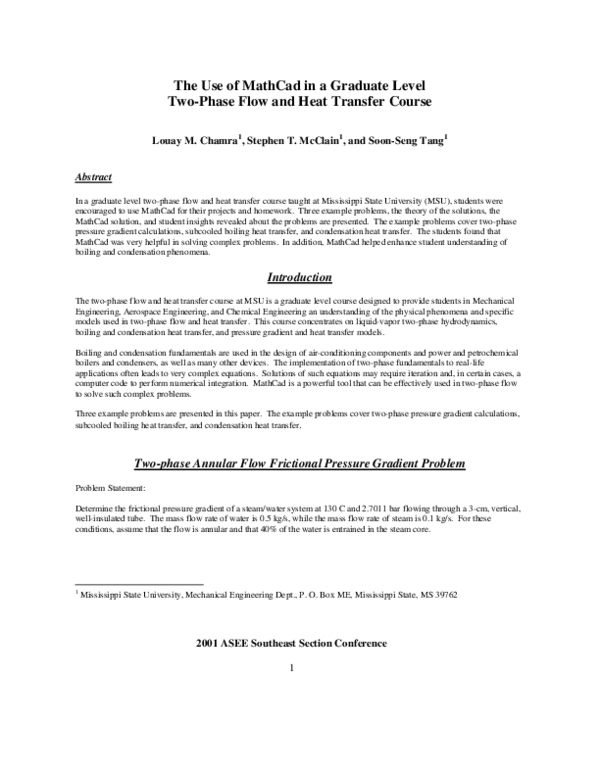 (PDF) The Use Of Math Cad In A Graduate Level Two Phase Flow And Heat ...