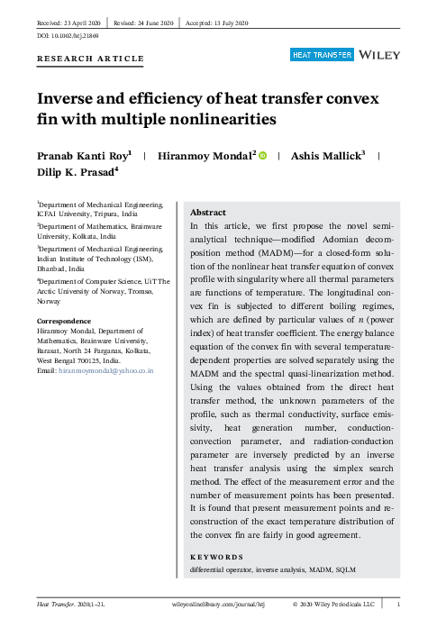 (PDF) Inverse and efficiency of heat transfer convex fin with multiple ...