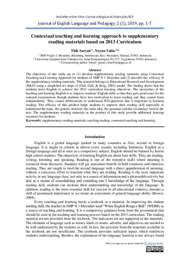 (PDF) Contextual teaching and learning approach to supplementary ...