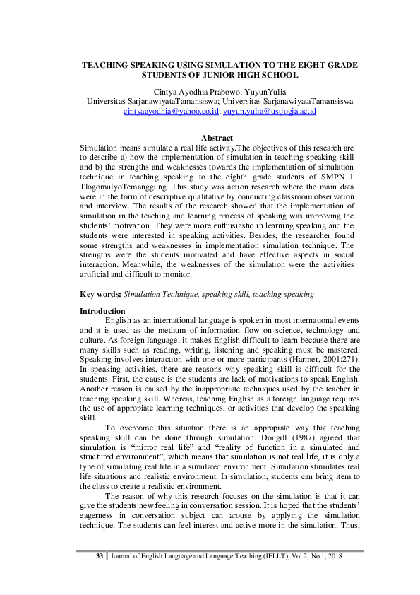 (PDF) Teaching Speaking Using Simulation to the Eight Grade Students of ...