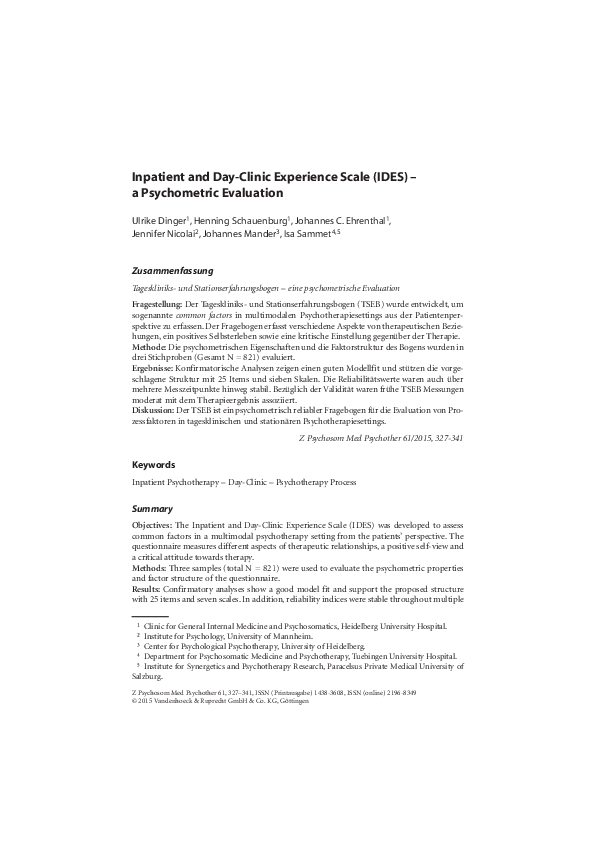 (PDF) Inpatient and Day-Clinic Experience Scale (IDES) - a Psychometric ...