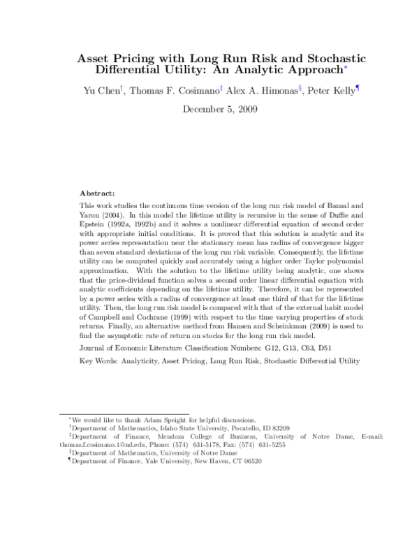 (PDF) Asset Pricing with Long Run Risk and Stochastic Differential ...