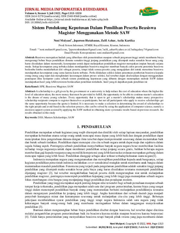 (PDF) Sistem Pendukung Keputusan Dalam Pemilihan Peserta Beasiswa Magister Menggunakan Metode SAW