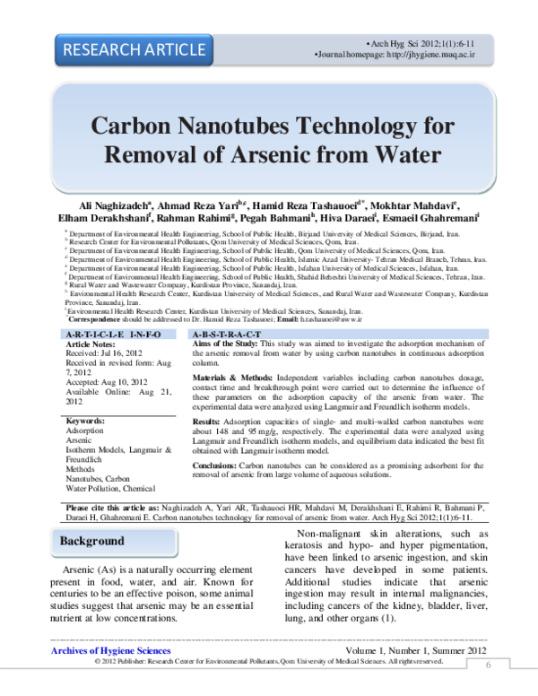 (PDF) Carbon Nanotubes Technology for Removal of Arsenic from Water