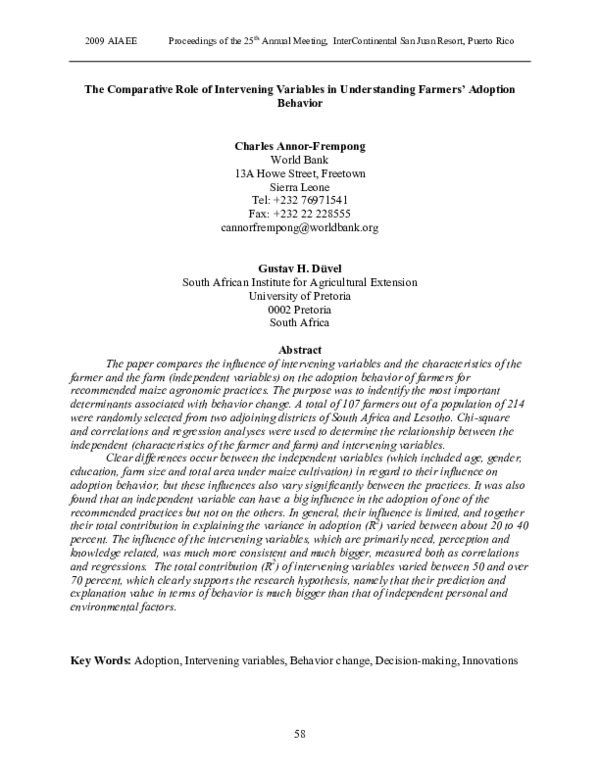 Pdf The Comparative Role Of Intervening Variables In Understanding Farmers Adoption Behavior