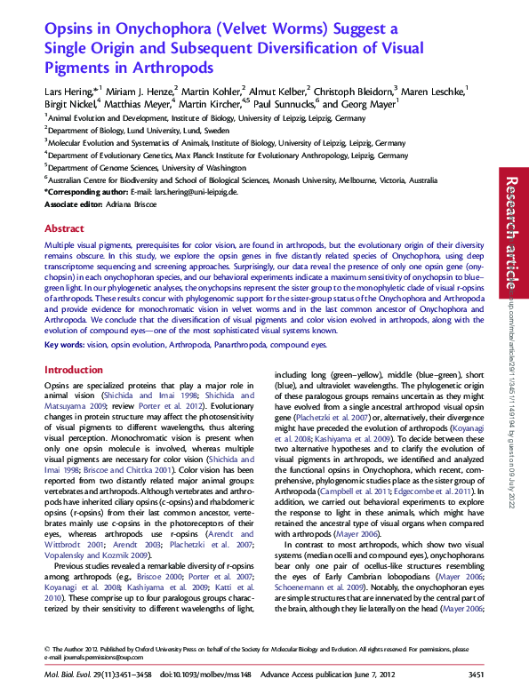 (PDF) Opsins in Onychophora (Velvet Worms) Suggest a Single Origin and Subsequent ...