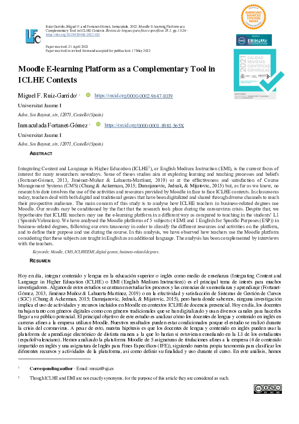 (PDF) Moodle E-learning Platform as a Complementary Tool in ICLHE Contexts