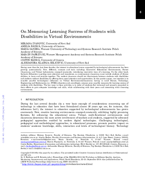 (PDF) On Measuring Learning Success of Students with Disabilities in Virtual Environments