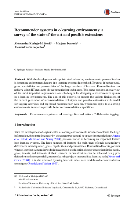 (PDF) Recommender systems in e-learning environments: a survey of the state-of-the-art and ...