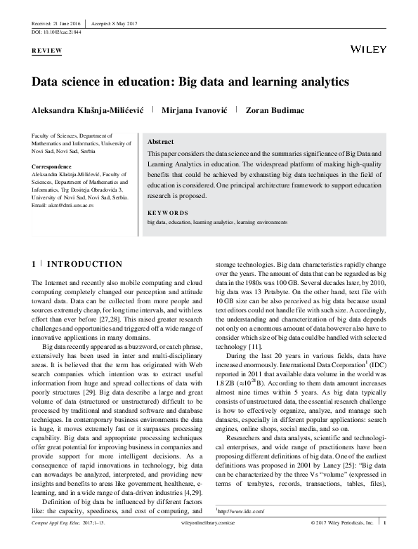 (PDF) Data science in education: Big data and learning analytics