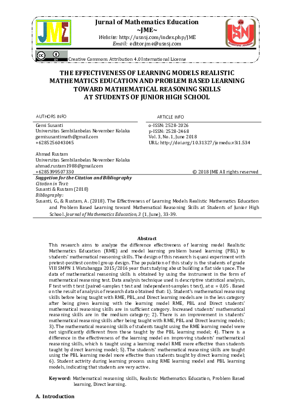 (PDF) The Effectiveness of Learning Models Realistic Mathematics ...