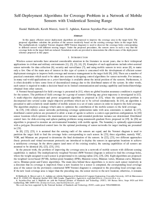 Pdf Self Deployment Algorithms For Coverage Problem In A Network Of Mobile Sensors With