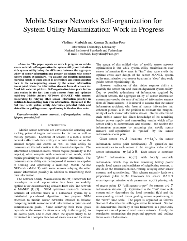 Pdf Self Organizing Mobile Sensor Networks For Utility