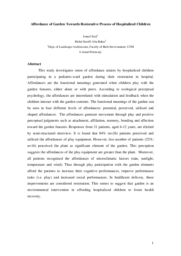 (PDF) Affordance of Garden Towards Restorative Process of Hospitalized Children