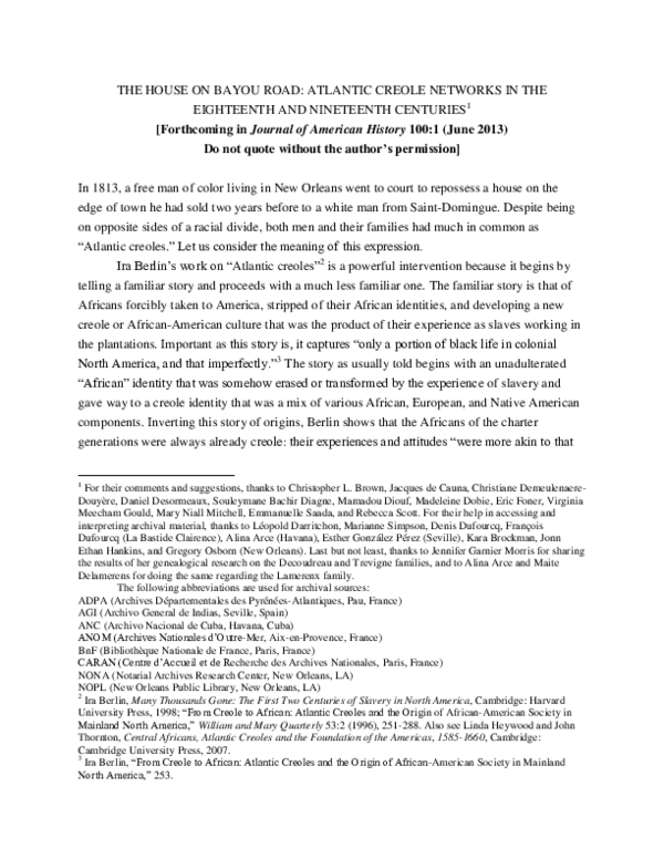 (PDF) The House on Bayou Road: Atlantic Creole Networks in the ...
