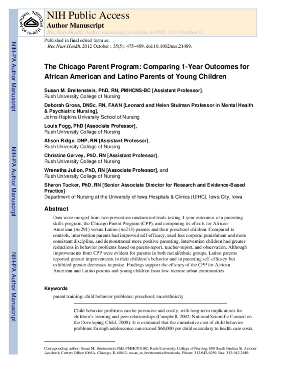(PDF) The Chicago Parent Program: Comparing 1-year outcomes for African ...