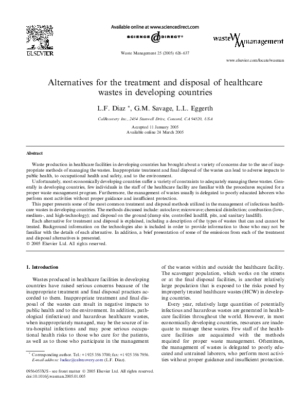 (PDF) Alternatives for the treatment and disposal of healthcare wastes ...