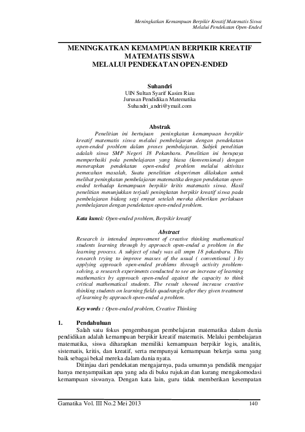 (PDF) Eningkatkan Kemampuan Berpikir Kreatif Matematis Siswa melalui Pendekatan Open-ended