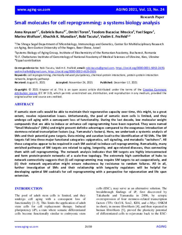 (PDF) Small molecules for cell reprogramming: a systems biology analysis | Vadim Fraifeld ...